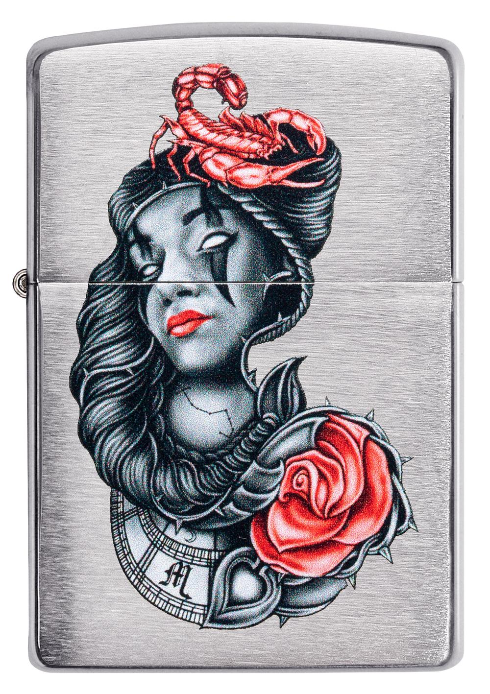 Zippo Brushed Chrome Lighter (Lady Rose and Scorpion) | Buy online at ...
