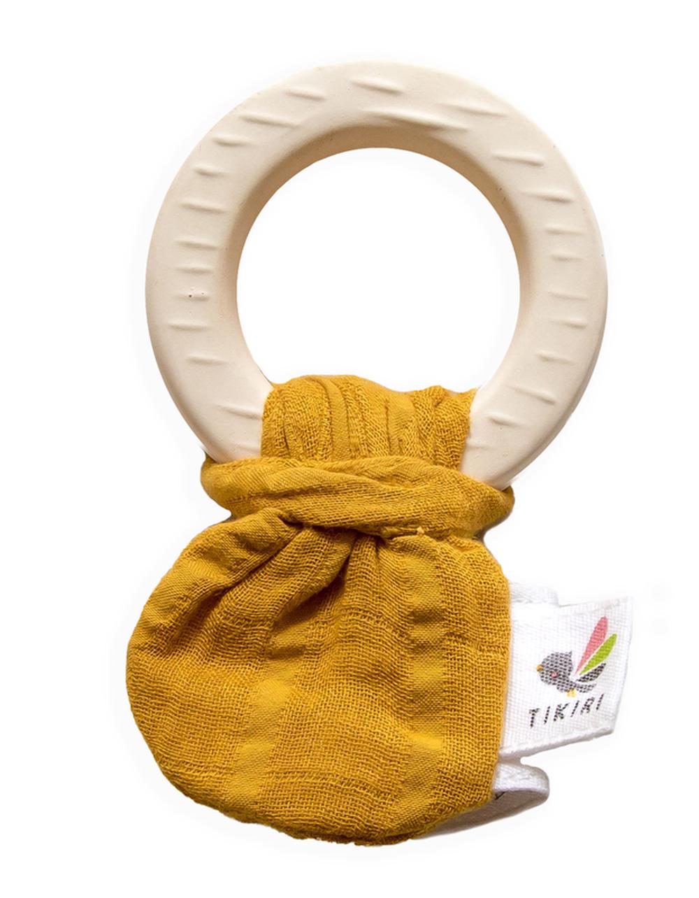 Tikiri Natural Teether with A Mustard Muslin Tie | Buy online at Tiny Fox