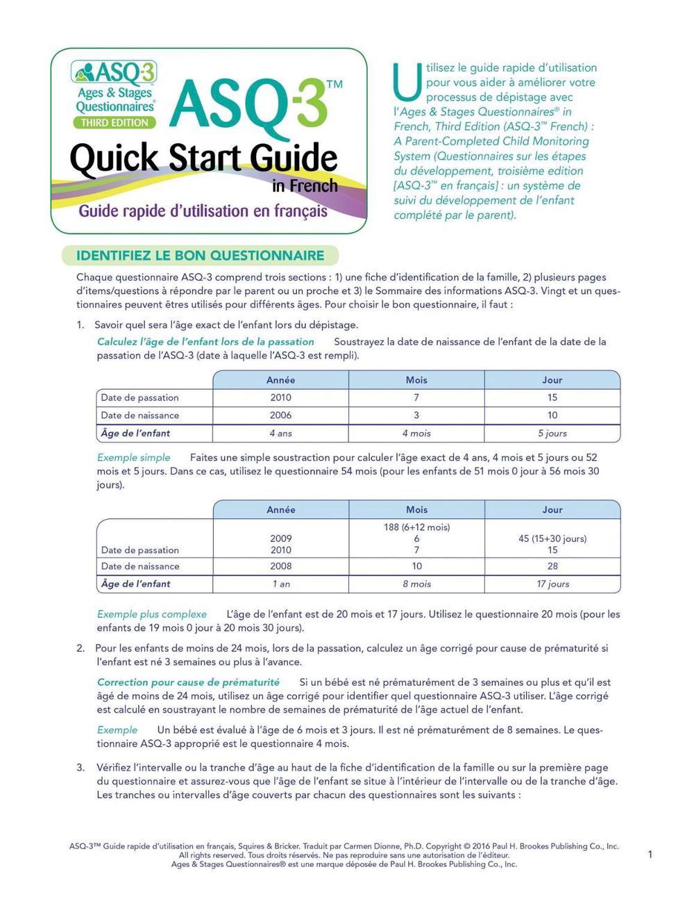 Ages & Stages Questionnaires® (ASQ®-3): Quick Start Guide (French) by ...